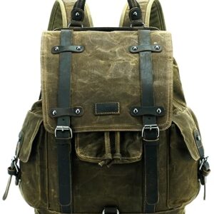 HuaChen Wax-Coated Canvas Backpack: Vintage Outdoor Travel Bag, Laptop Sleeve, Water-Resistant Shoulder Rucksack (M82_Army Green)