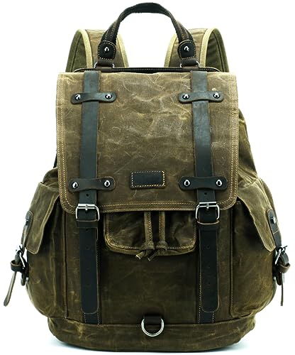 HuaChen Wax-Coated Canvas Backpack: Vintage Outdoor Travel Bag, Laptop Sleeve, Water-Resistant Shoulder Rucksack (M82_Army Green)