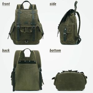 HuaChen Wax-Coated Canvas Backpack: Vintage Outdoor Travel Bag, Laptop Sleeve, Water-Resistant Shoulder Rucksack (M82_Army Green)