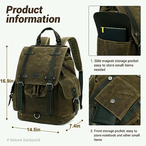 HuaChen Wax-Coated Canvas Backpack: Vintage Outdoor Travel Bag, Laptop Sleeve, Water-Resistant Shoulder Rucksack (M82_Army Green)