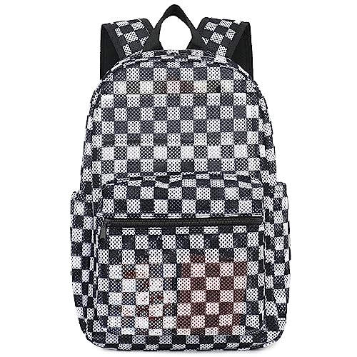 Xunteny Checkered Mesh Backpack for Girls Women, Semi-Transparent Kids School Backpack College Bookbag Casual Daypacks for Beach Gym Travel