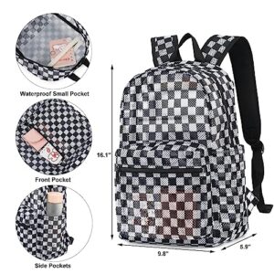 Xunteny Checkered Mesh Backpack for Girls Women, Semi-Transparent Kids School Backpack College Bookbag Casual Daypacks for Beach Gym Travel