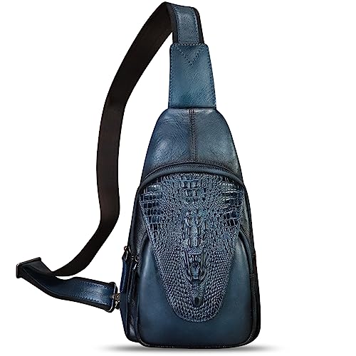 FEIGITOR Genuine Leather Sling Bag Embossed Crocodile Pattern Leather Crossbody Sling Backpack Handmade Chest Purse Daypack (Navy Blue)