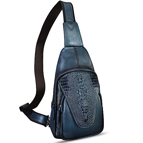 FEIGITOR Genuine Leather Sling Bag Embossed Crocodile Pattern Leather Crossbody Sling Backpack Handmade Chest Purse Daypack (Navy Blue)