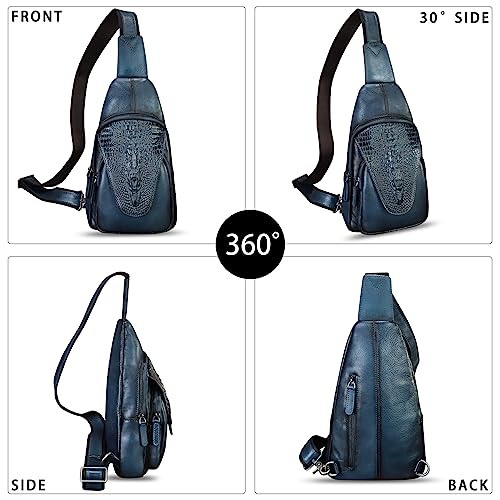 FEIGITOR Genuine Leather Sling Bag Embossed Crocodile Pattern Leather Crossbody Sling Backpack Handmade Chest Purse Daypack (Navy Blue)