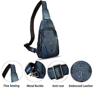 FEIGITOR Genuine Leather Sling Bag Embossed Crocodile Pattern Leather Crossbody Sling Backpack Handmade Chest Purse Daypack (Navy Blue)