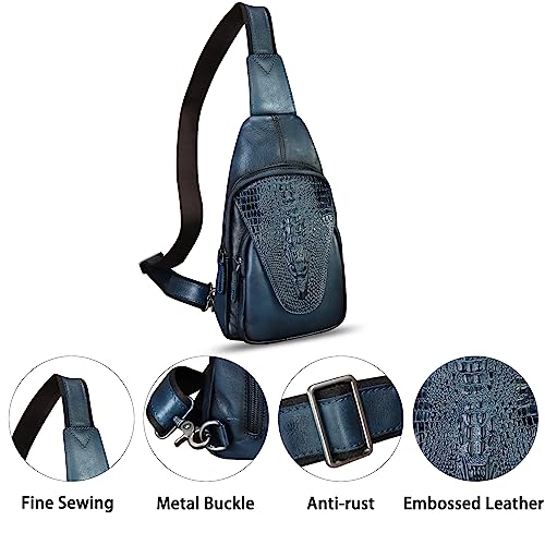 FEIGITOR Genuine Leather Sling Bag Embossed Crocodile Pattern Leather Crossbody Sling Backpack Handmade Chest Purse Daypack (Navy Blue)