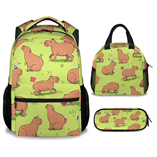 CUNEXTTIME Capybara Backpack with Lunch Box And Pencil Case, Set of 3 Cute Bookbag for Girls Boys, Lightweight Large Capacity School Bag