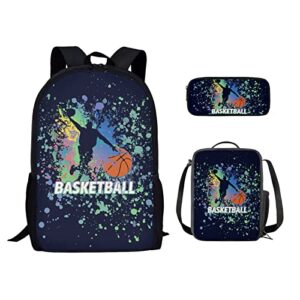 dmoyala basketball bookbag for school girls boys cool school backbag with lunch cooler box and pencil case 3pcs set durable back waterproof 17 inch laptop backpack for women men