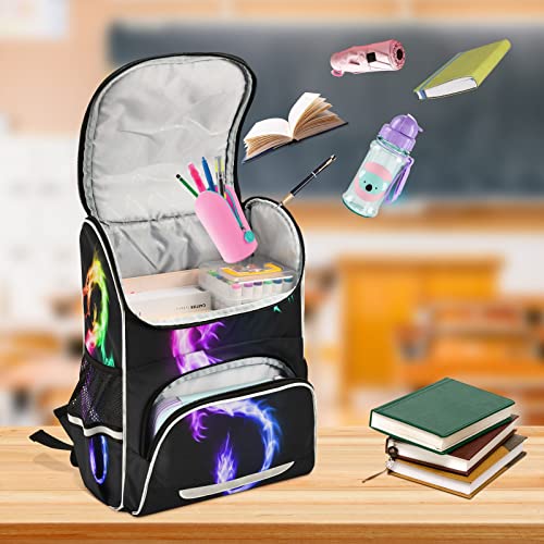 JULYTO Kids Backpack for Boys Girls with Reflective Stripes16 inch Rainbow Fire Dragon Backpack for School Colorful School Bag Elementary Student Bookbag Daypack for Travel Hiking