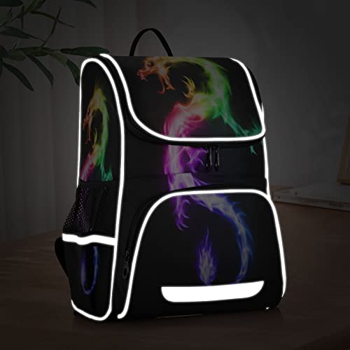 JULYTO Kids Backpack for Boys Girls with Reflective Stripes16 inch Rainbow Fire Dragon Backpack for School Colorful School Bag Elementary Student Bookbag Daypack for Travel Hiking