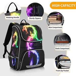 JULYTO Kids Backpack for Boys Girls with Reflective Stripes16 inch Rainbow Fire Dragon Backpack for School Colorful School Bag Elementary Student Bookbag Daypack for Travel Hiking