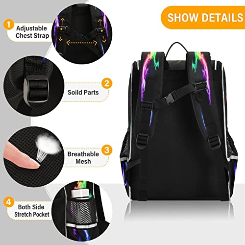 JULYTO Kids Backpack for Boys Girls with Reflective Stripes16 inch Rainbow Fire Dragon Backpack for School Colorful School Bag Elementary Student Bookbag Daypack for Travel Hiking