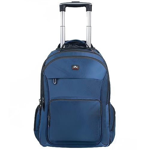 WIRABO Rolling Backpack, 15.6 inch Laptop Backpack with Wheels, Travel Wheeled Backpack, Carry on Luggage Business Trolley Suitcase for Men Women Adults Computer Bag Blue