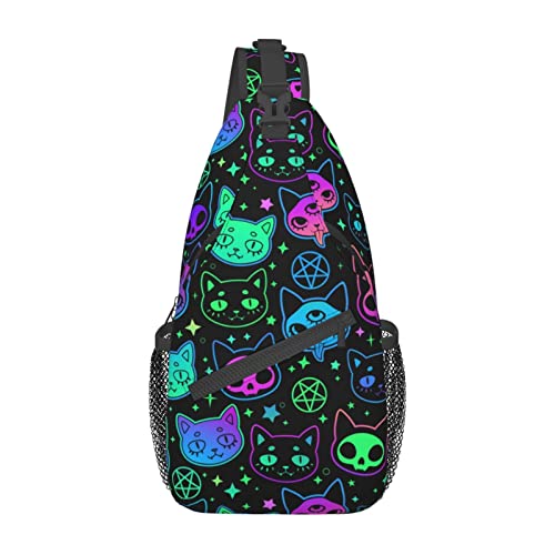 Cartoon Witchcraft Cat Skull Neon Colorful Sling Backpack Crossbody Sling Bag Travel Chest Daypack Hiking Shoulder Bag for Adult Women Men