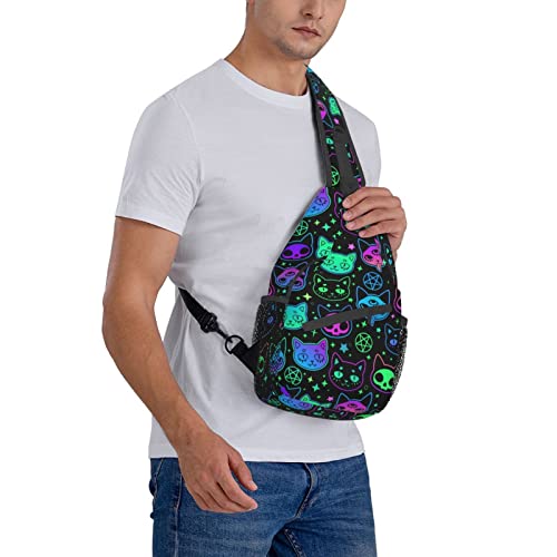 Cartoon Witchcraft Cat Skull Neon Colorful Sling Backpack Crossbody Sling Bag Travel Chest Daypack Hiking Shoulder Bag for Adult Women Men