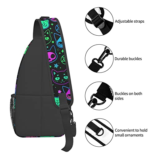 Cartoon Witchcraft Cat Skull Neon Colorful Sling Backpack Crossbody Sling Bag Travel Chest Daypack Hiking Shoulder Bag for Adult Women Men