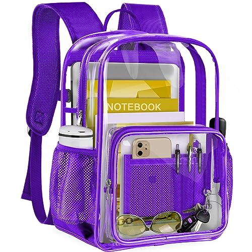 GEAMSAM Clear Backpack, Heavy Duty Transparent Backpack with Reinforced Bottom See Through Bag for College, Travel, Workplace Security - Purple