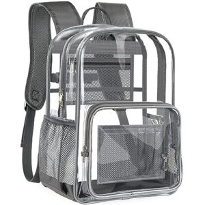 geamsam clear backpack, heavy duty transparent backpack with reinforced bottom see through backpack for college, travel, workplace security - gray