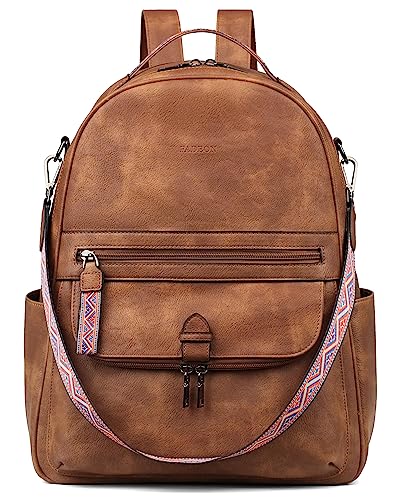 FADEON Leather Laptop Backpack for Women PU Computer Backpacks, Designer Travel Back Pack Purse with Laptop Compartment Brown