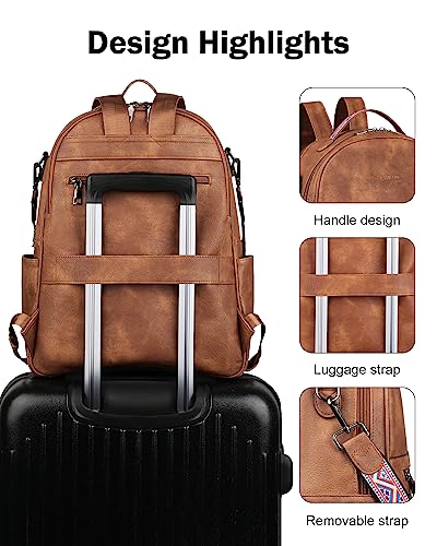 FADEON Leather Laptop Backpack for Women PU Computer Backpacks, Designer Travel Back Pack Purse with Laptop Compartment Brown