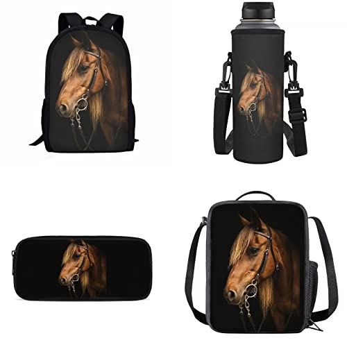 JEOCODY Horse Backpack and Lunch Box for Girls Boys Elementary School Bags with Pencil Case and Bottle Holder for Kindergarten Primary School Bookbag Set of 4