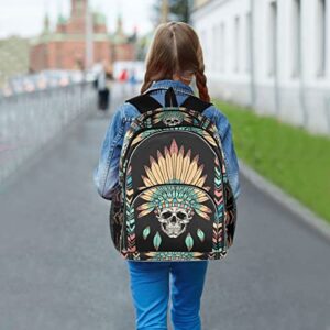 SUABO Skull with Indian Feather Hat Bookbag for Students Teens Girls Boys,Ethnic Backpack Schoolbag Rucksack Travel Bag Laptop Backpacks for Elementary Kindergarten College