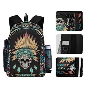 SUABO Skull with Indian Feather Hat Bookbag for Students Teens Girls Boys,Ethnic Backpack Schoolbag Rucksack Travel Bag Laptop Backpacks for Elementary Kindergarten College