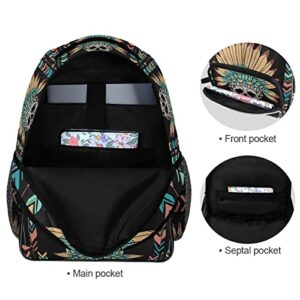 SUABO Skull with Indian Feather Hat Bookbag for Students Teens Girls Boys,Ethnic Backpack Schoolbag Rucksack Travel Bag Laptop Backpacks for Elementary Kindergarten College