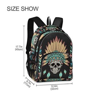 SUABO Skull with Indian Feather Hat Bookbag for Students Teens Girls Boys,Ethnic Backpack Schoolbag Rucksack Travel Bag Laptop Backpacks for Elementary Kindergarten College