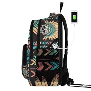 SUABO Skull with Indian Feather Hat Bookbag for Students Teens Girls Boys,Ethnic Backpack Schoolbag Rucksack Travel Bag Laptop Backpacks for Elementary Kindergarten College