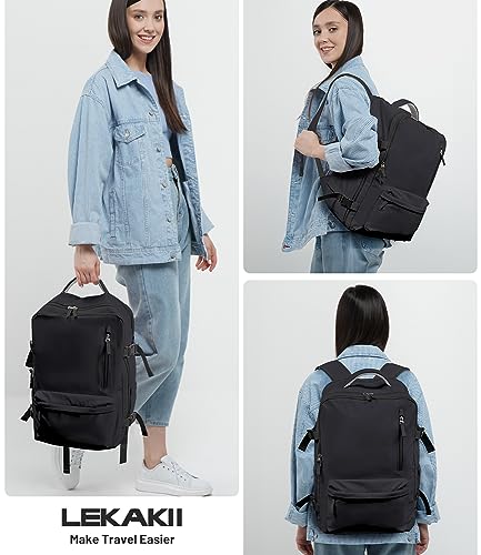 Lekakii Travel Laptop Backpacks for Women Carry On, 40L Nylon Waterproof Backpack for Traveling On Airplane, Gym Backpack Personal Item Essentials, Black