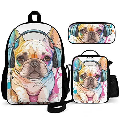 Delerain Colorful French Bulldog 3 Pcs Backpack Set for Kids Back to School Bookbag with Lunch Box and Pencil Case Durable Lightweight Travel for Teens Students Boys Girls