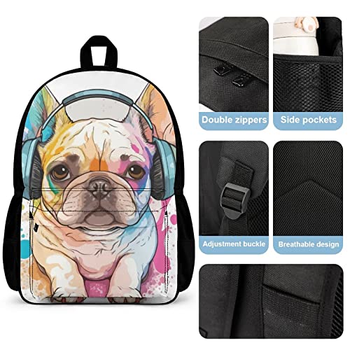 Delerain Colorful French Bulldog 3 Pcs Backpack Set for Kids Back to School Bookbag with Lunch Box and Pencil Case Durable Lightweight Travel for Teens Students Boys Girls