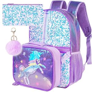 ufndc 3pcs unicorn backpack, 16”kids sequin bookbag for girls with lunch box, school bag for elementary toddler