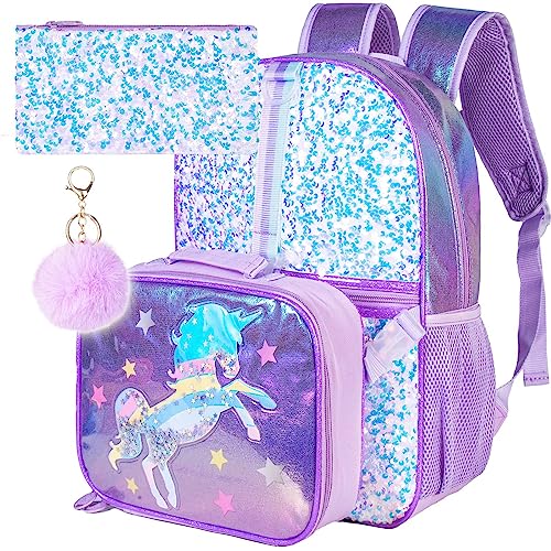 UFNDC 3PCS Unicorn Backpack, 16”Kids Sequin Bookbag for Girls with Lunch Box, School Bag for Elementary Toddler