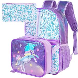 UFNDC 3PCS Unicorn Backpack, 16”Kids Sequin Bookbag for Girls with Lunch Box, School Bag for Elementary Toddler