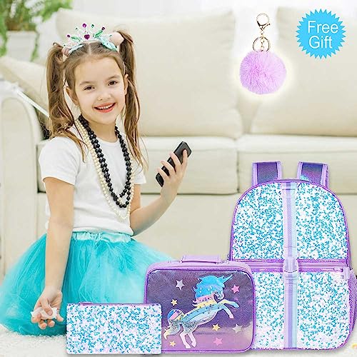 UFNDC 3PCS Unicorn Backpack, 16”Kids Sequin Bookbag for Girls with Lunch Box, School Bag for Elementary Toddler