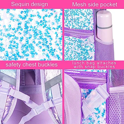 UFNDC 3PCS Unicorn Backpack, 16”Kids Sequin Bookbag for Girls with Lunch Box, School Bag for Elementary Toddler