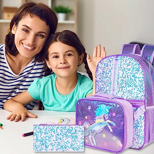 UFNDC 3PCS Unicorn Backpack, 16”Kids Sequin Bookbag for Girls with Lunch Box, School Bag for Elementary Toddler