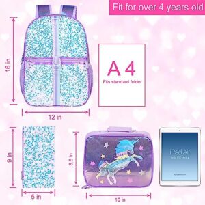 UFNDC 3PCS Unicorn Backpack, 16”Kids Sequin Bookbag for Girls with Lunch Box, School Bag for Elementary Toddler