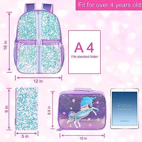 UFNDC 3PCS Unicorn Backpack, 16”Kids Sequin Bookbag for Girls with Lunch Box, School Bag for Elementary Toddler