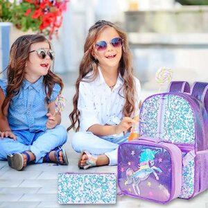 UFNDC 3PCS Unicorn Backpack, 16”Kids Sequin Bookbag for Girls with Lunch Box, School Bag for Elementary Toddler