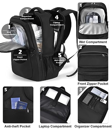 Lekakii Backpack for Traveling On Airplane, Travel Backpack for Women Men, 45L Nylon 600D Waterproof Carry On Backpack, Personal Item Laptop Backpack Black