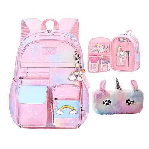 Hcveucn Kawaii Backpack Pink Girls School Backpacks Starry Rainbow Backpack Cute Bookbag Elementary School Laptop Backpack Travel Bag (Pink,16.5Inch)