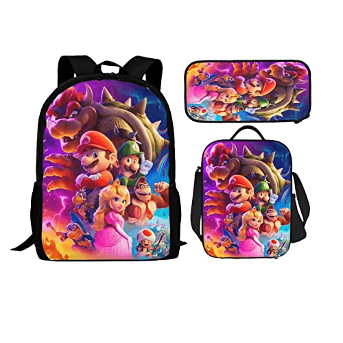 FNASFIA Super Cute Bros Backpack Pencil Case Lunch Bag 3 Piece Set Cartoon Backpack Boys And Girls' Backpack 3D Backpack