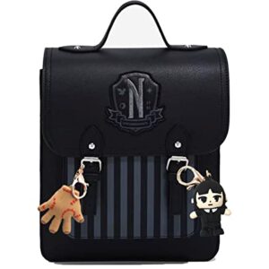 CLESUZ Wednesday Backpack Vintage Black Leather Backpack with Adjustable Shoulder Straps and Trendy Keychains Preppy Y2K Gothic Academy Backpack (GreyStripes)