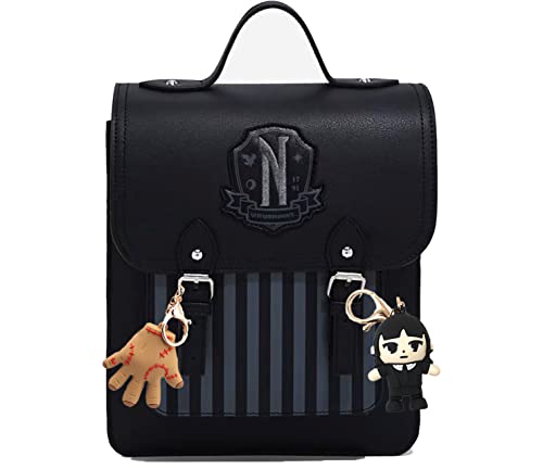 CLESUZ Wednesday Backpack Vintage Black Leather Backpack with Adjustable Shoulder Straps and Trendy Keychains Preppy Y2K Gothic Academy Backpack (GreyStripes)