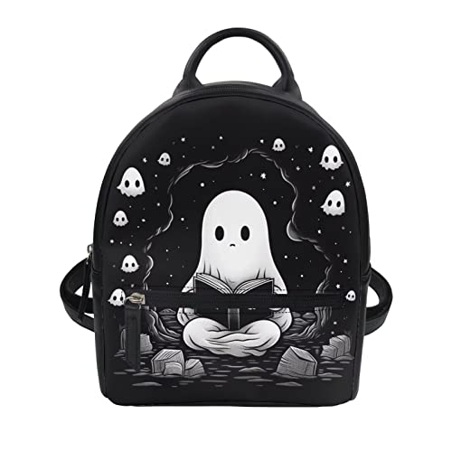 Showudesigns Ghost Purse for Teen Girls Backpack Mini Handbag for Women Gifts Shoulder Bags Casual Daypack with Zipper Cute Handbag Tote Black Skull Halloween Gifts