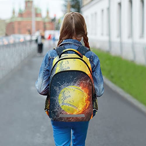 BOENLE Tennis Ball Fire Water Backpack for Boys Girls Bookbag 3-5th Grade Elementary School Bag Kids Travel Rucksack